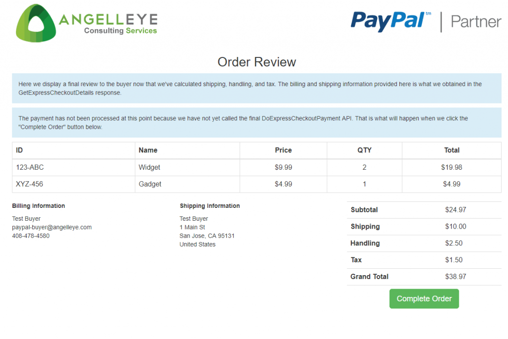 PayPal Express Checkout PHP Line Items Demo Project - AngellEYE