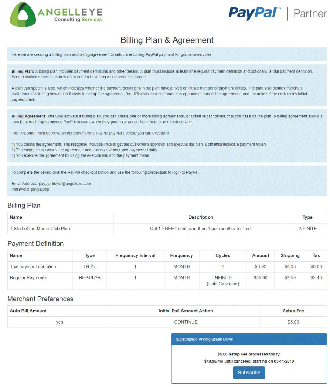 PayPal Checkout PHP REST API Billing Plan Agreement Demo Kit - AngellEYE