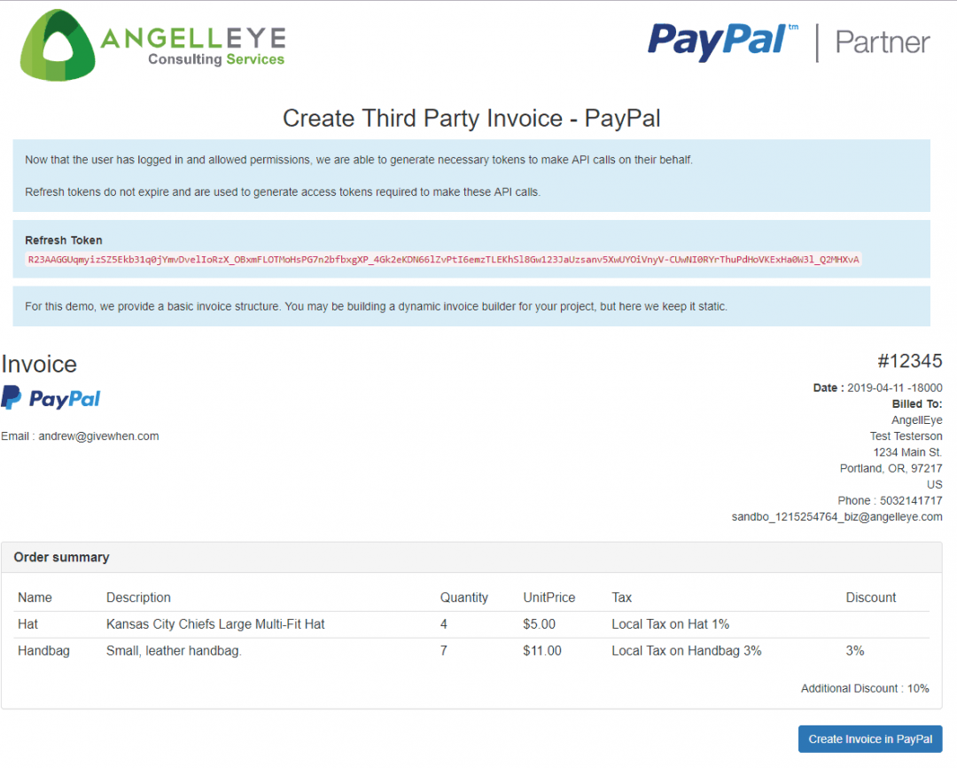 PayPal 3rd Party User Invoicing REST API PHP Demo Kit - AngellEYE
