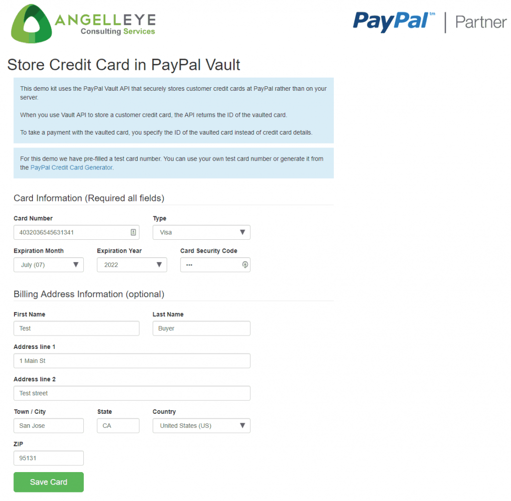 PayPal Save Credit Card Vault PHP Demo Kit - AngellEYE